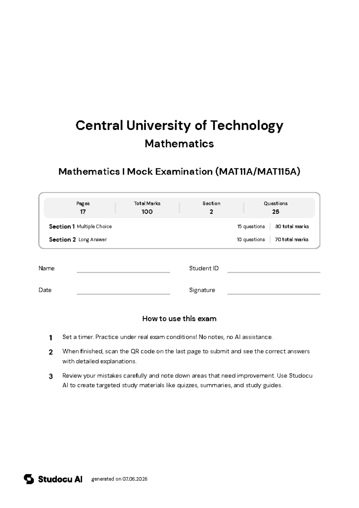 Mathematics I Mock Exam (MAT11A/MAT115A) - Studocu