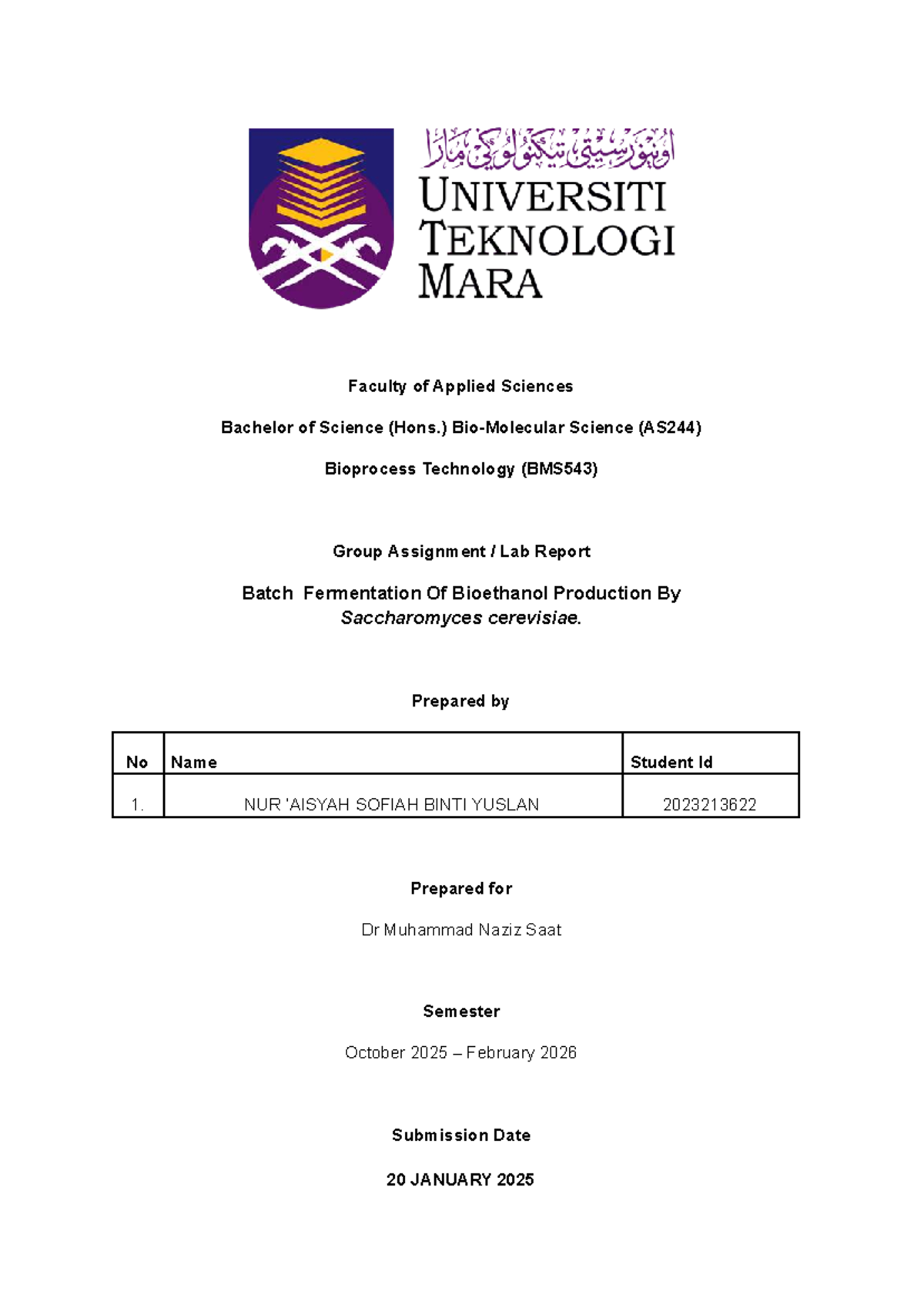 BMS543 Practical 3: Batch Fermentation of Bioethanol Production - Studocu