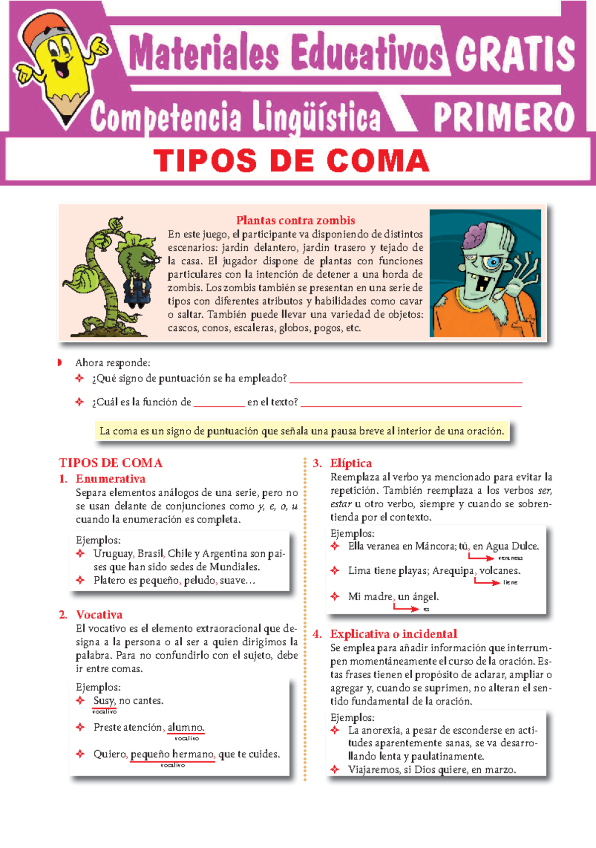 Tipos de Coma y Su Uso Para 1er Grado de Secundaria - Studocu