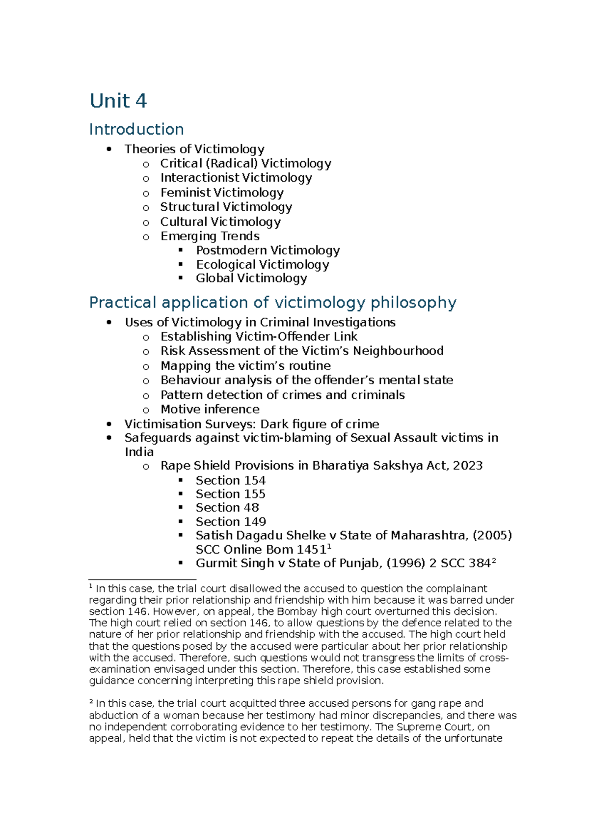 Unit 4 & 5: Theories and Applications in Victimology and Penology - Studocu