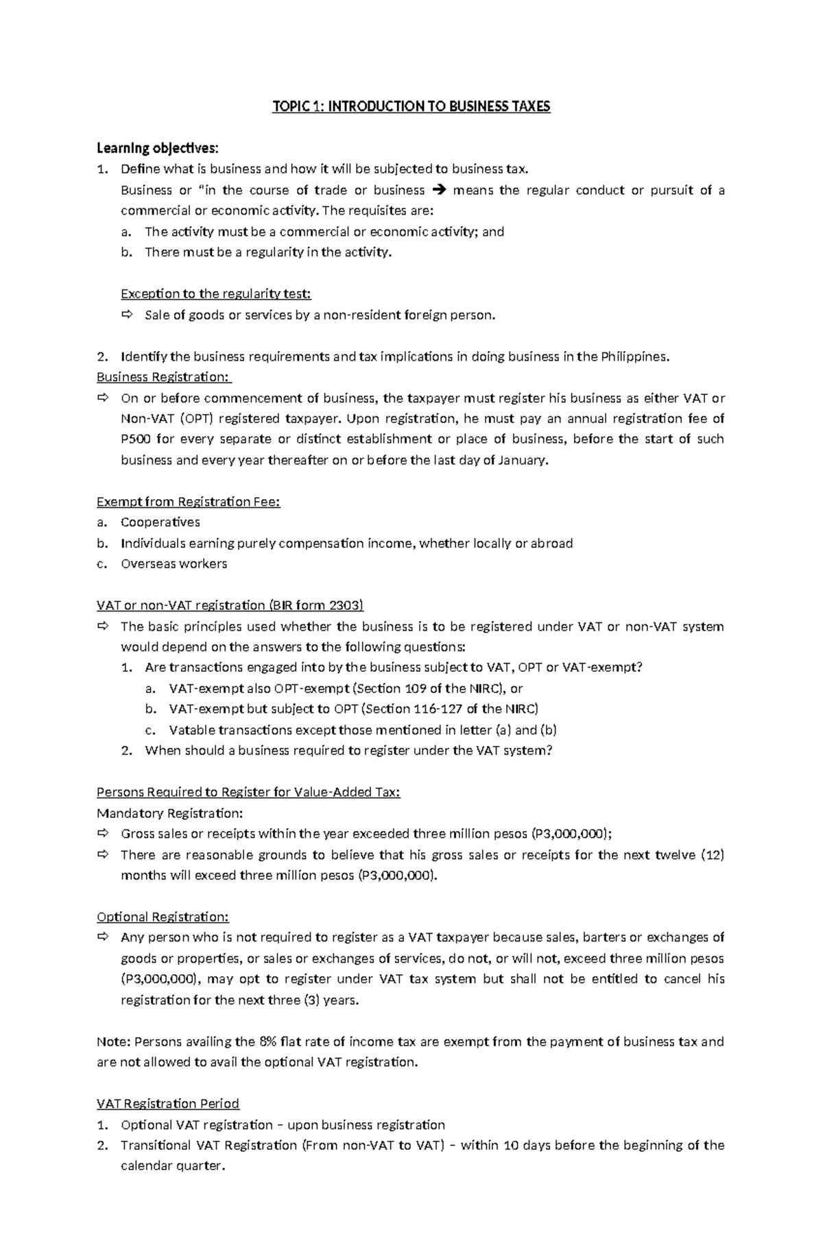BUS 101: Intro to Business Taxes - Key Concepts & Requirements - Studocu