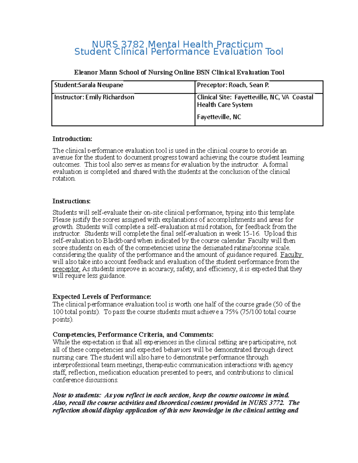 Final Evaluation of Clinical Performance in NURS 3782 Mental Health ...