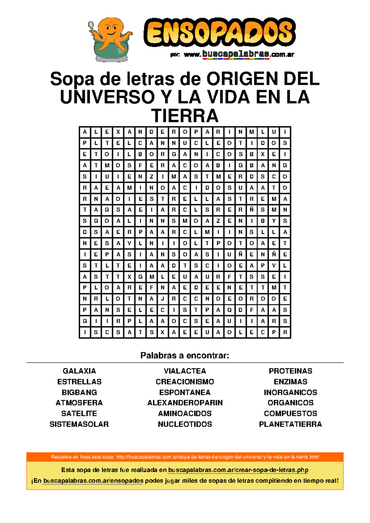 Sopa de Letras: Origen del Universo y Vida en la Tierra ...