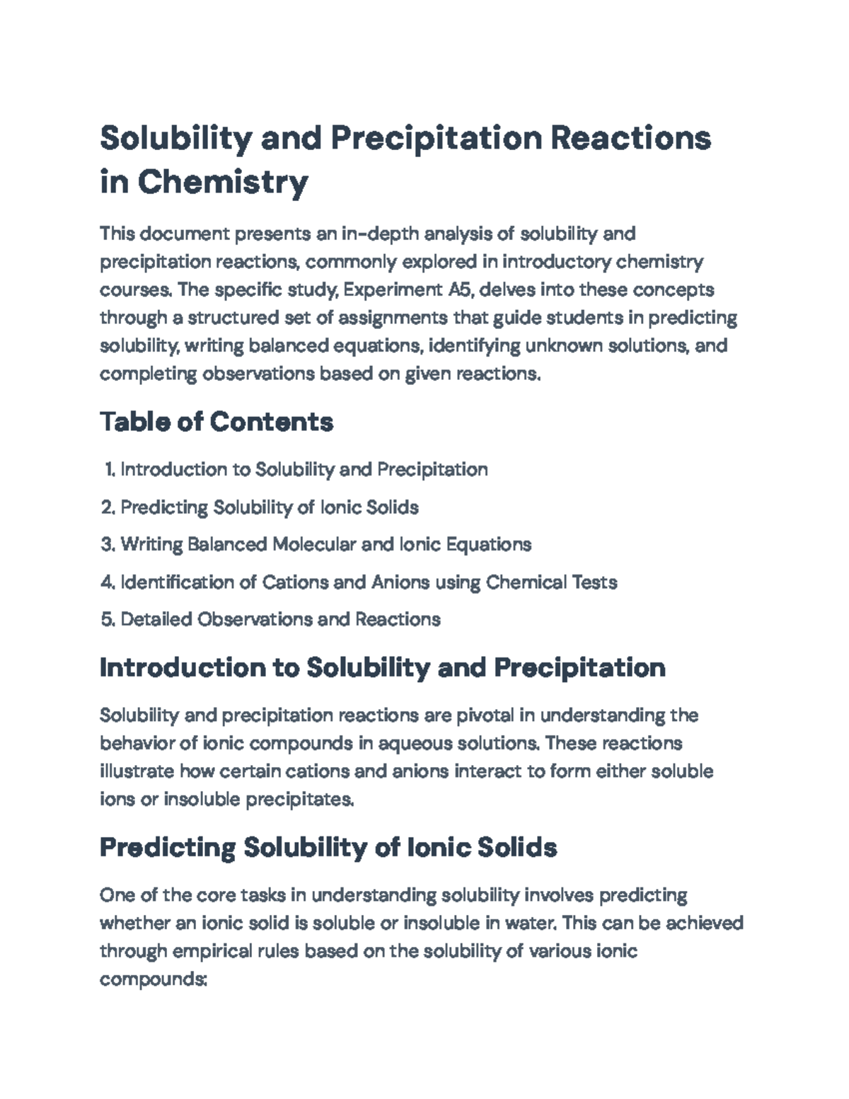 Exam A5: Solubility and Precipitation Reactions in Chemistry ...