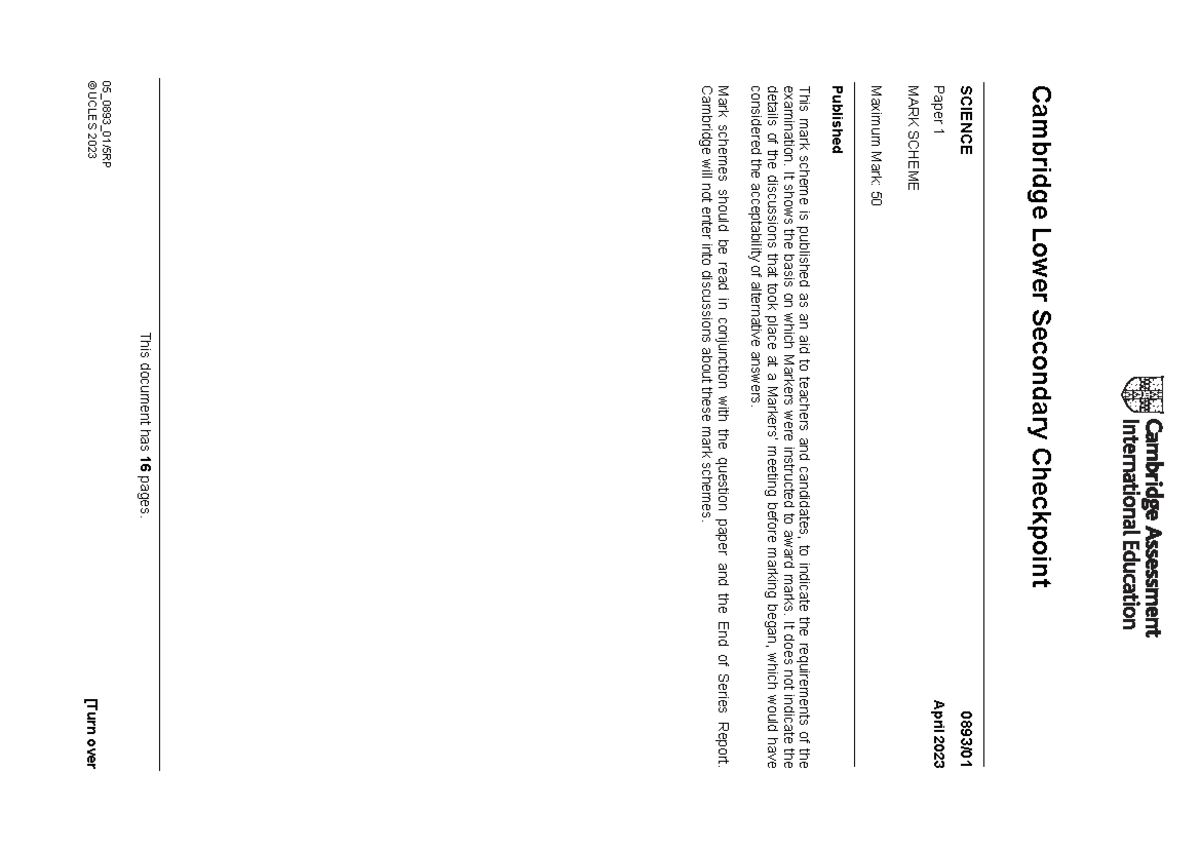 Checkpoint 2023 Science Paper 1 Mark Scheme - April Edition - Studocu