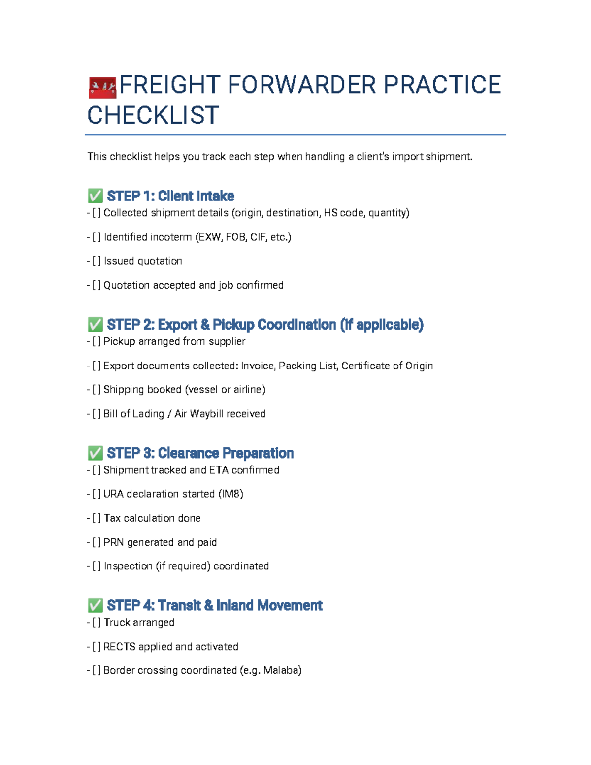 FREIGHT FORWARDER PRACTICE CHECKLIST: Step-by-Step Guide - Studocu