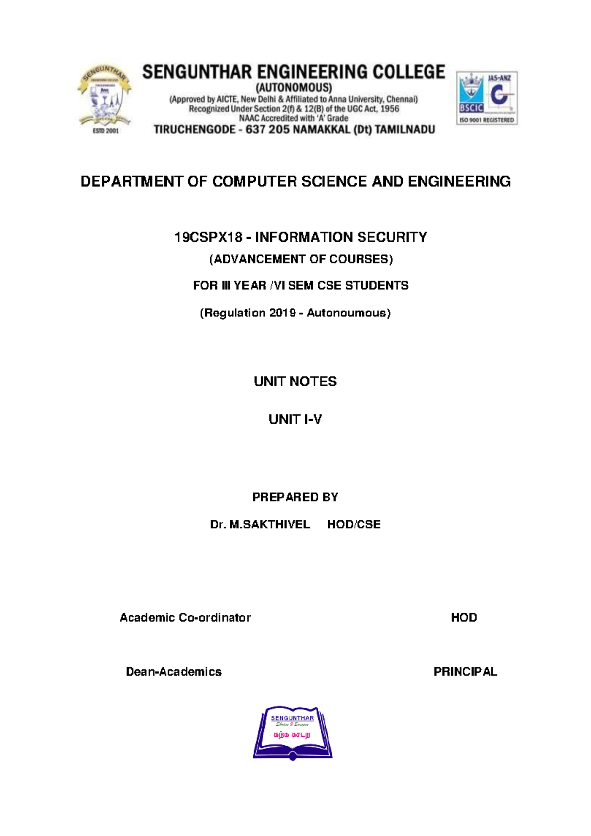 19CSPX18 Information Security Unit Notes for CSE VI Semester Students ...