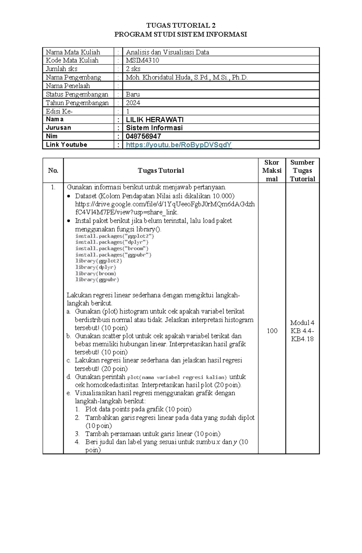 TUGAS TUTORIAL 2: ANALISIS & VISUALISASI DATA MSIM4310 - Studocu