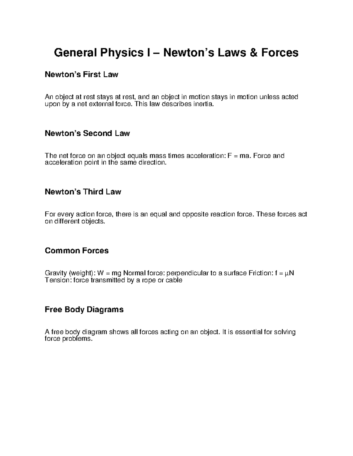 Physics I Notes: Understanding Newton's Laws of Motion - Studocu