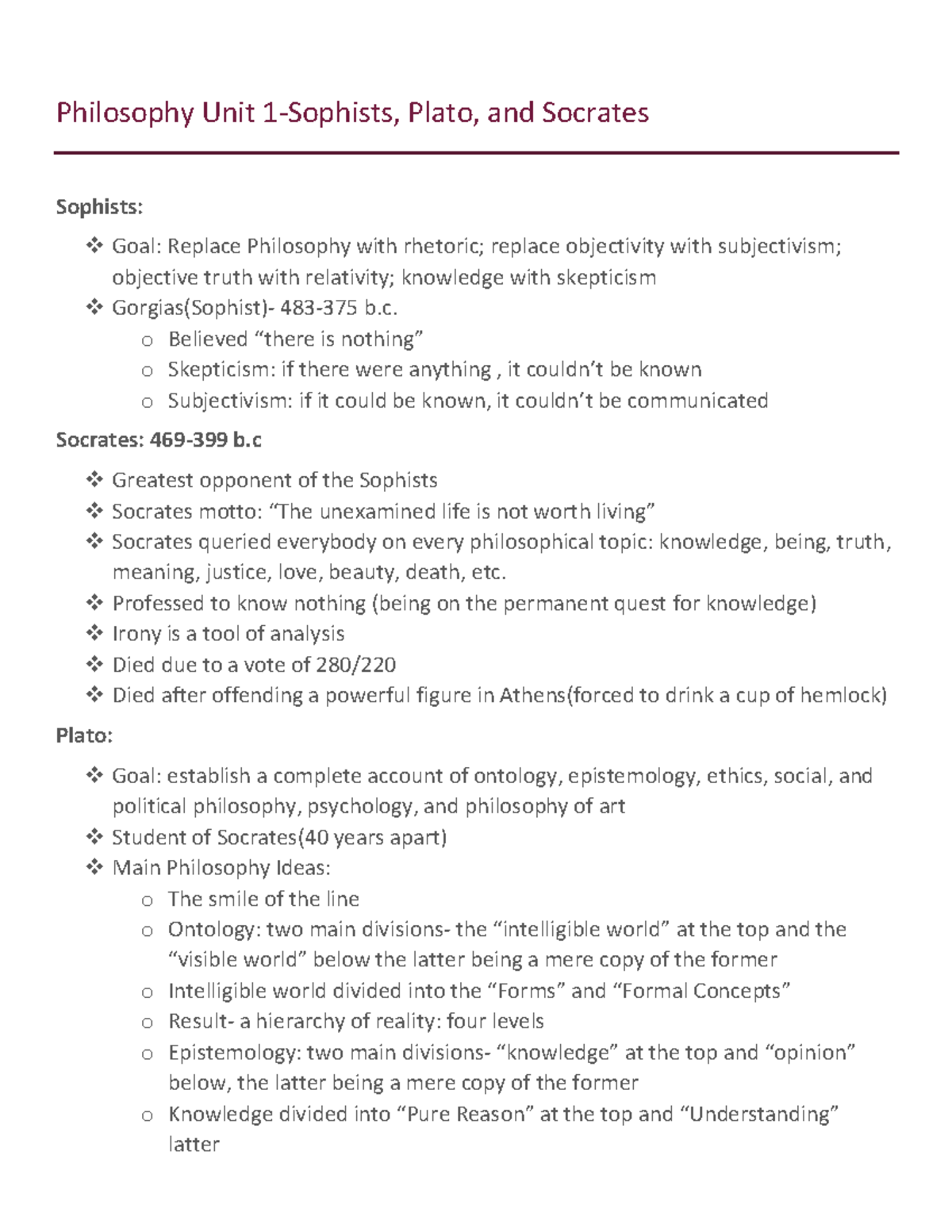 Philosophy Unit 1 Notes: Sophists, Socrates, and Plato Insights - Studocu