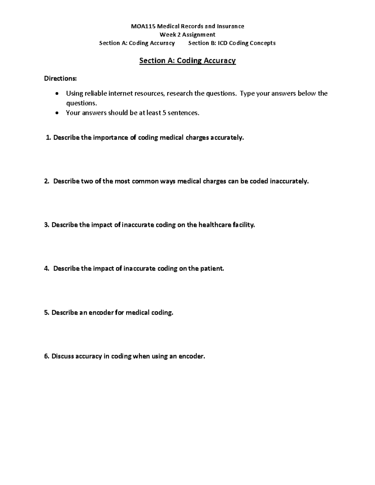 MOA115 Week 2 Assignment: Coding Accuracy & ICD Concepts Worksheet ...