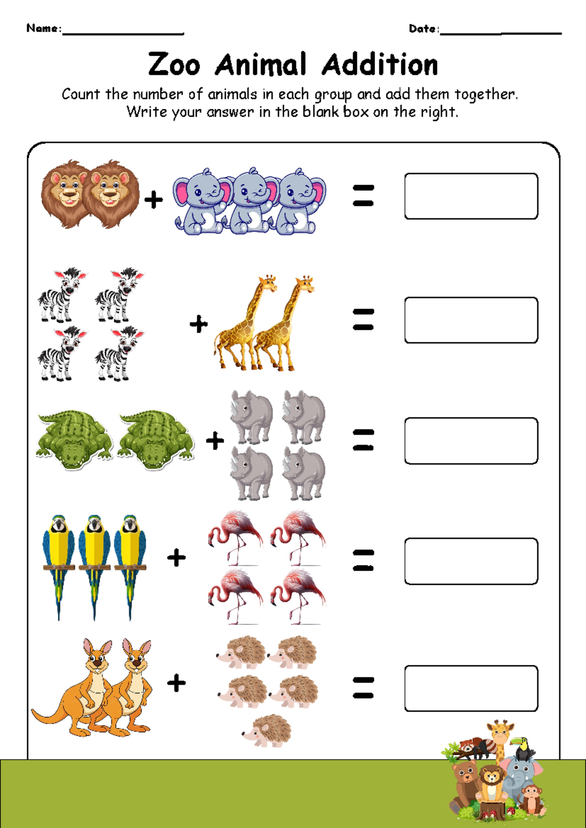 Zoo Animal Addition - Kindergarten Worksheet - Name: Date ...