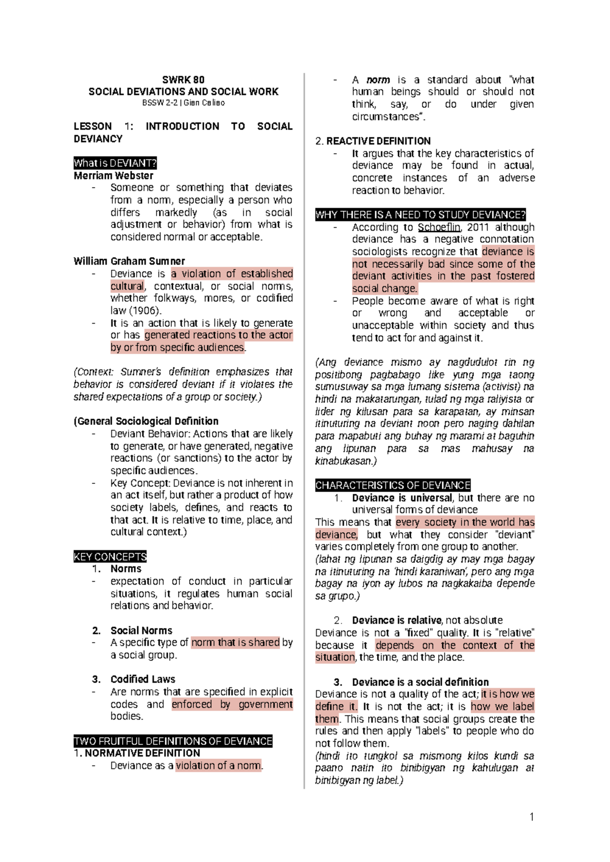 SWRK 80 LESSON 1: INTRODUCTION TO SOCIAL DEVIANCE - Studocu