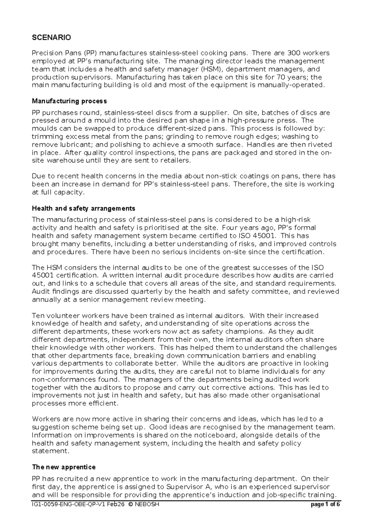 NEBOSH IG1 0059 Sample Questions on Health & Safety Management - Studocu