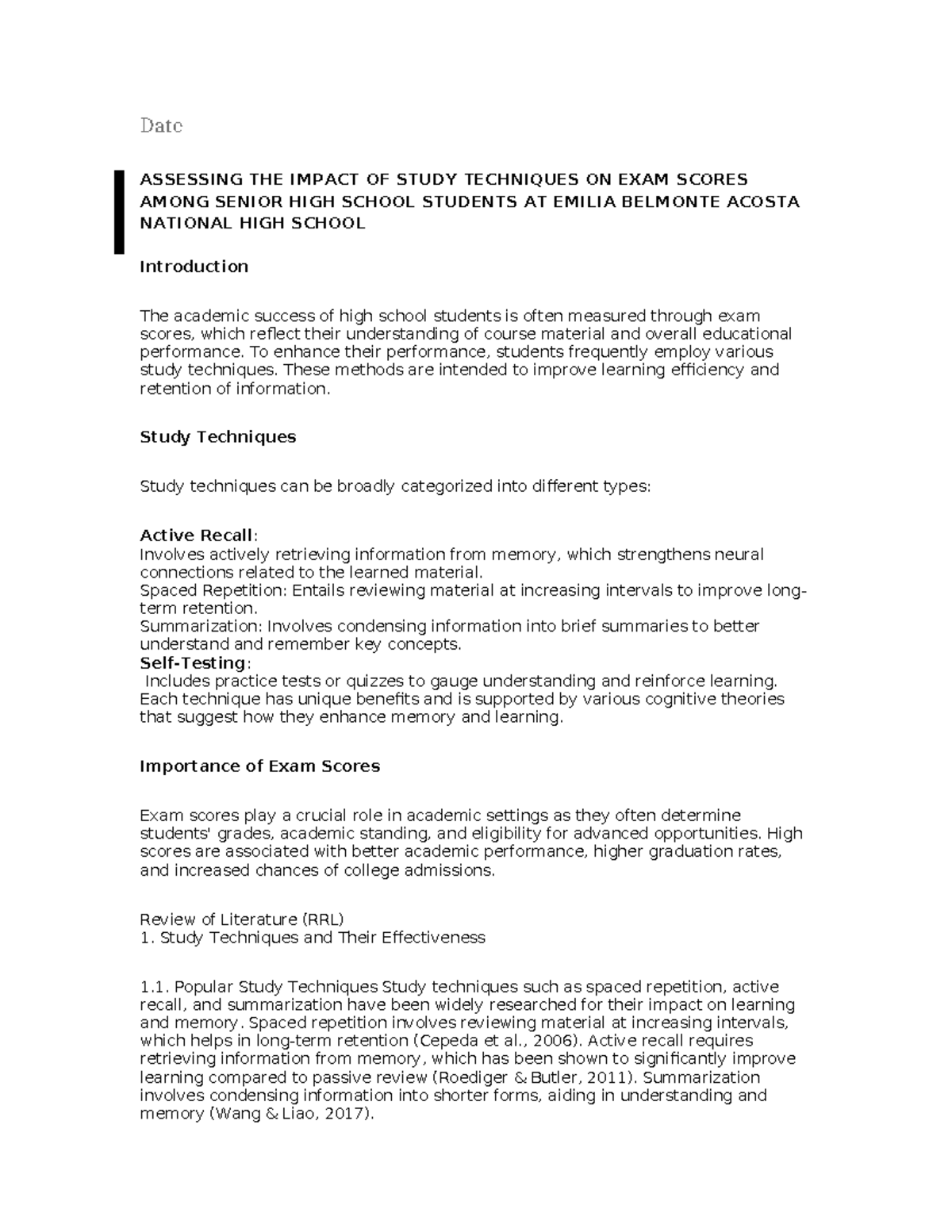 "Impact of Study Techniques on Exam Scores: A Study for SHS at EBA ...