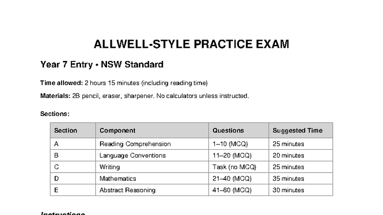 PRACTICE EXAM Year 7 Entry NSW - Comprehensive Review Guide - Studocu