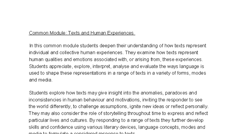 Common Module: Rubric for Texts & Human Experiences - Studocu