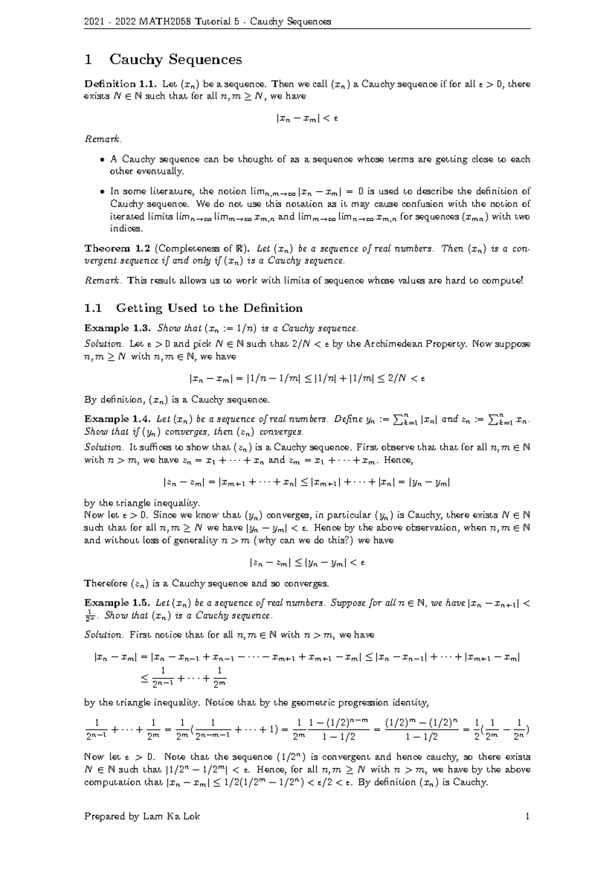 Math2058 Tutorial 5: Understanding Cauchy Sequences - Studocu