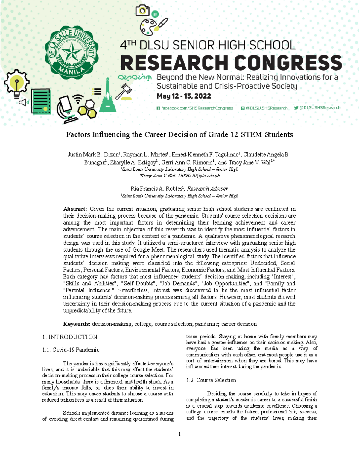 Factors Impacting Career Choices of Grade 12 STEM Students During Pandemic - Studocu