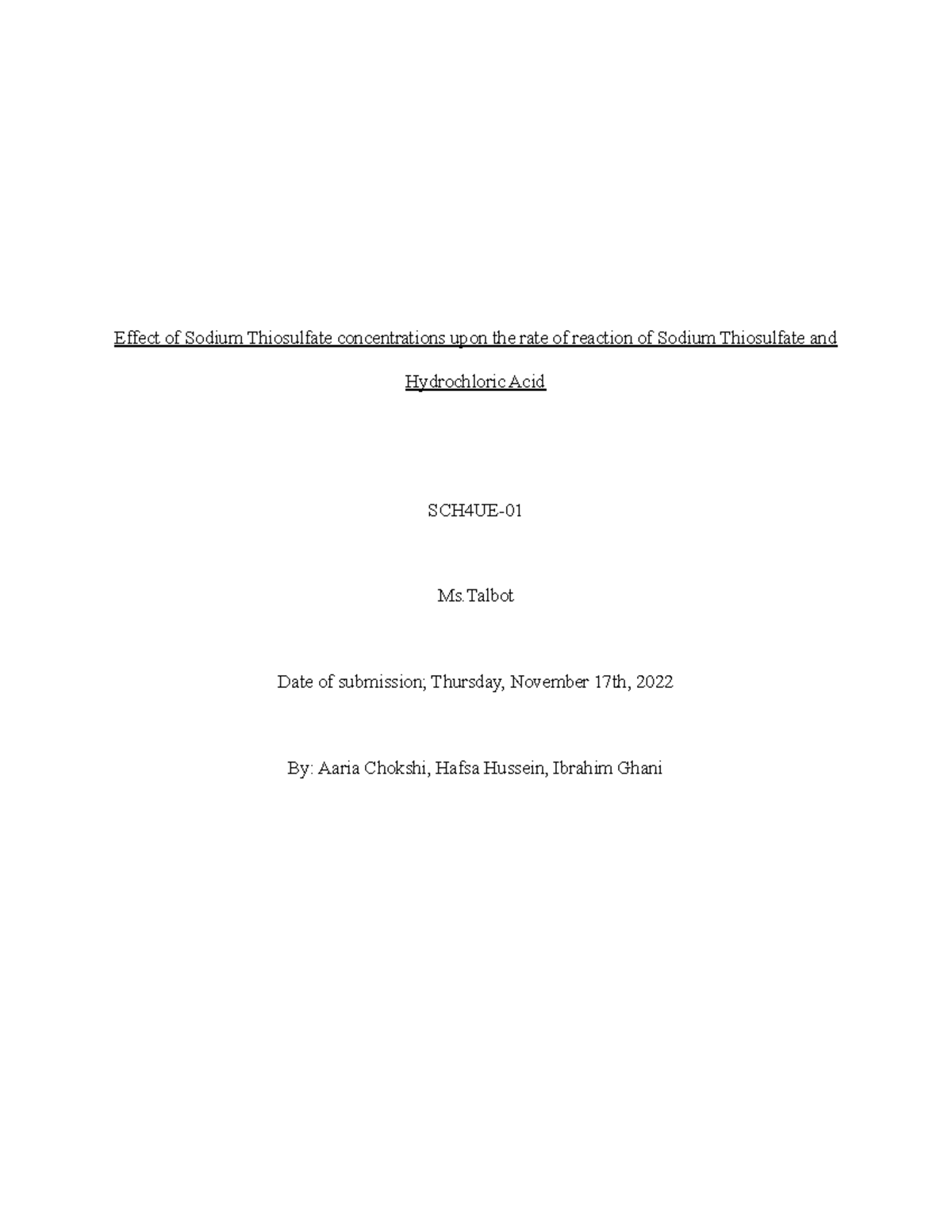 Sodium Thiosulfate Concentration Effects on Reaction Rate: Lab Report ...