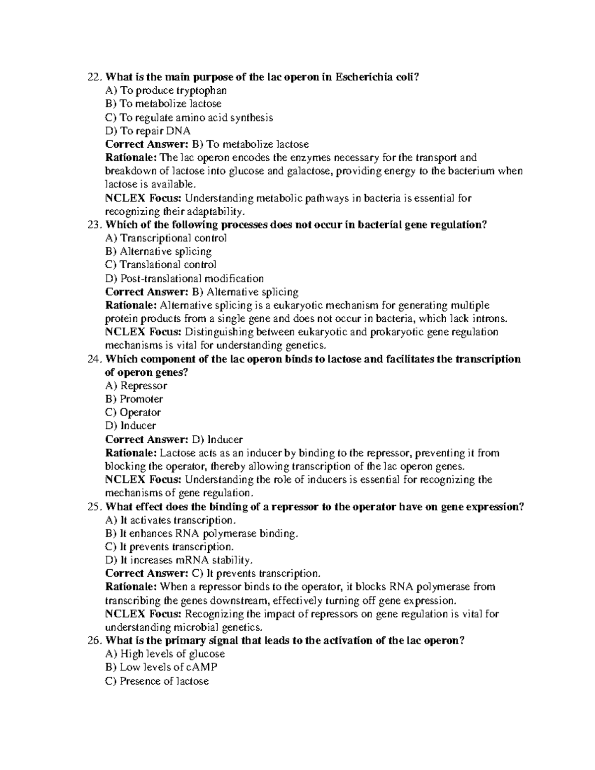 Genetics Test Bank: Lac Operon & Gene Regulation Insights (2024) - Studocu