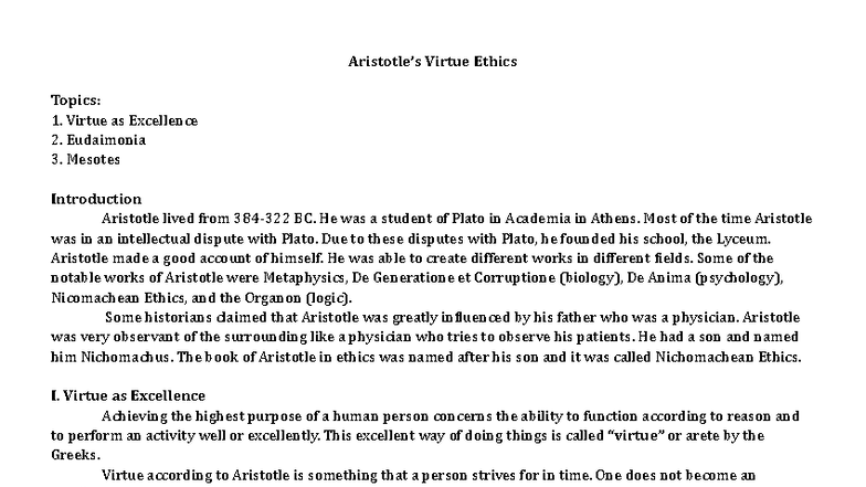 Aristotle's Virtue Ethics: Excellence, Eudaimonia, and Mesotes - Studocu