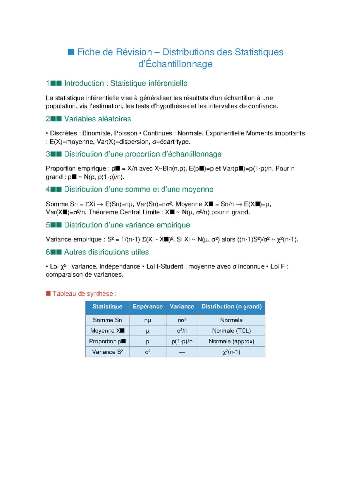 Fiche de Révision : Distributions Statistiques - Statistique ...