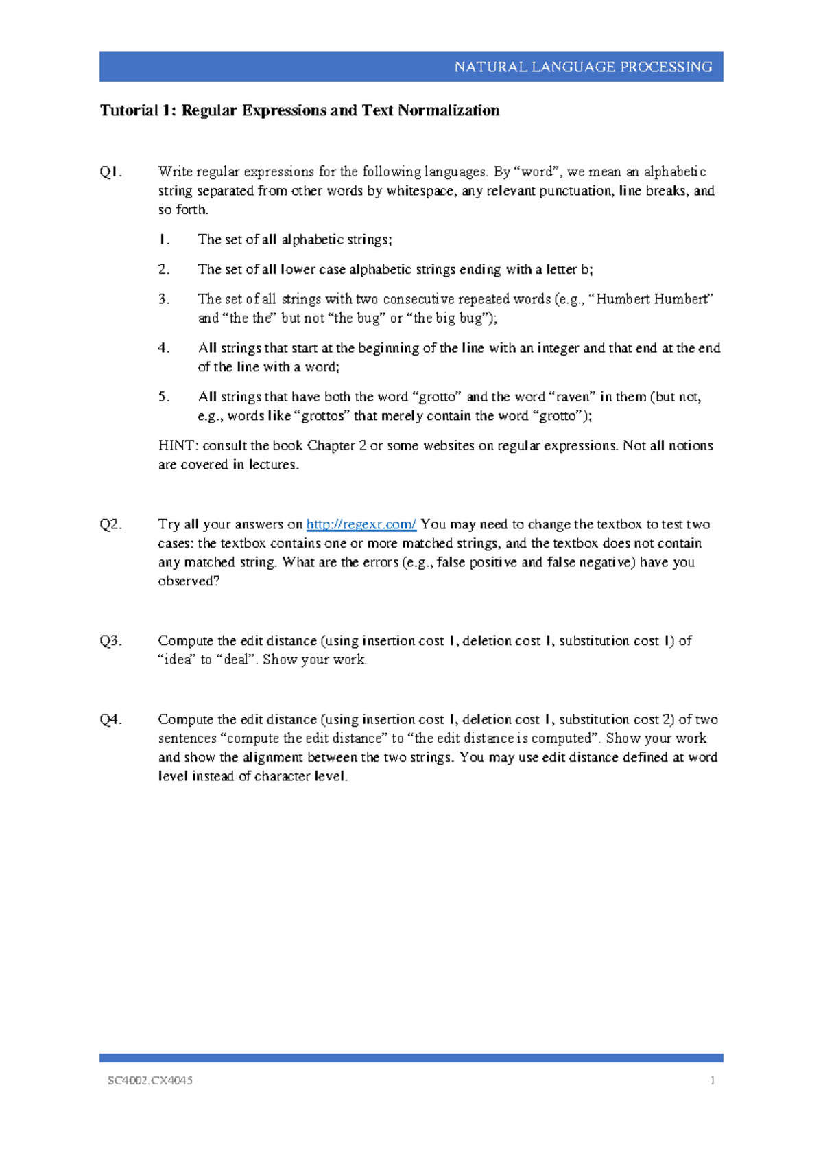 Tutorial 1-Question - SC4002 1 NATURAL LANGUAGE PROCESSING Tutorial 1 ...