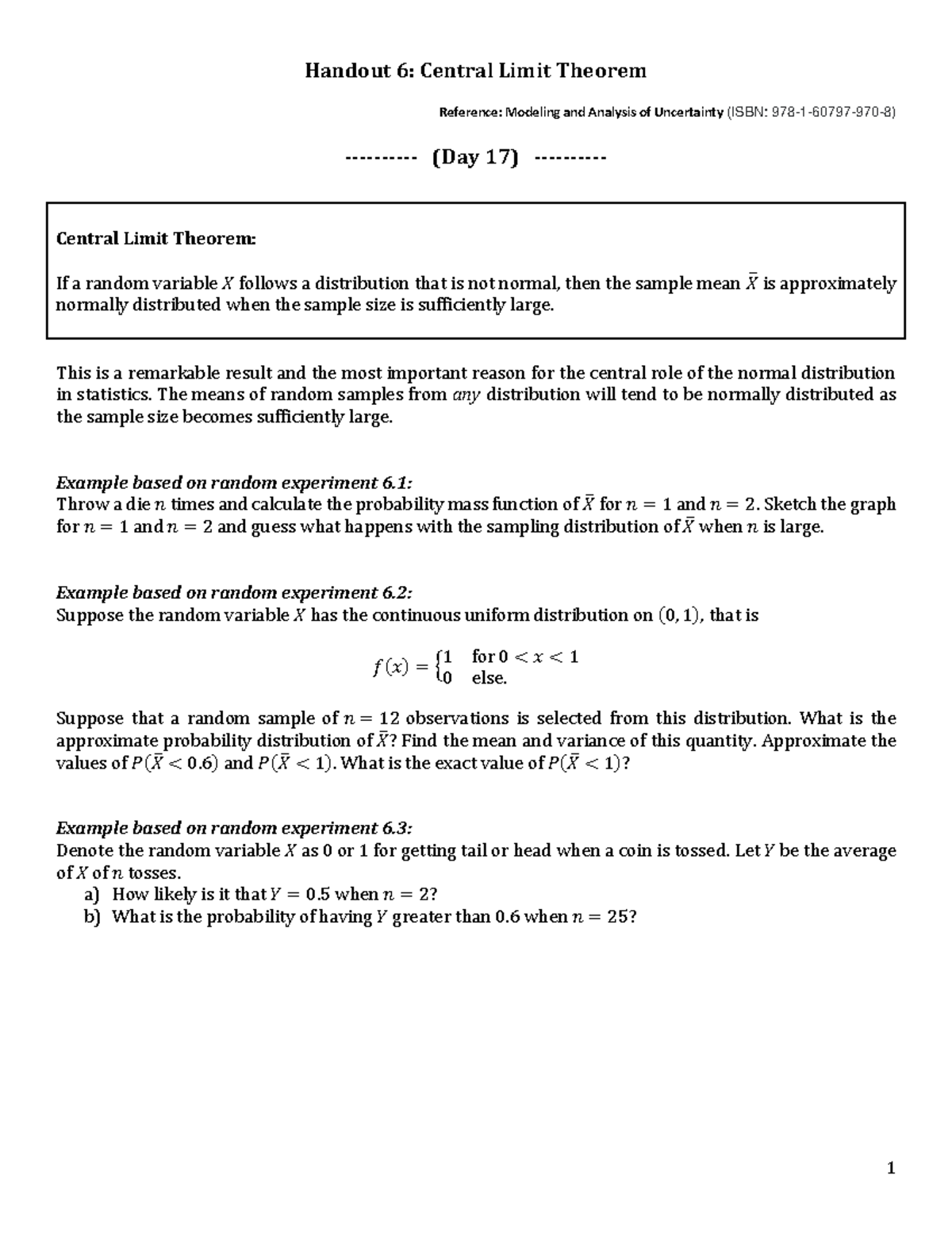 Handout 6 CLT - ENGR 2600 - 1 Handout 6 : Central Limit Theorem ...