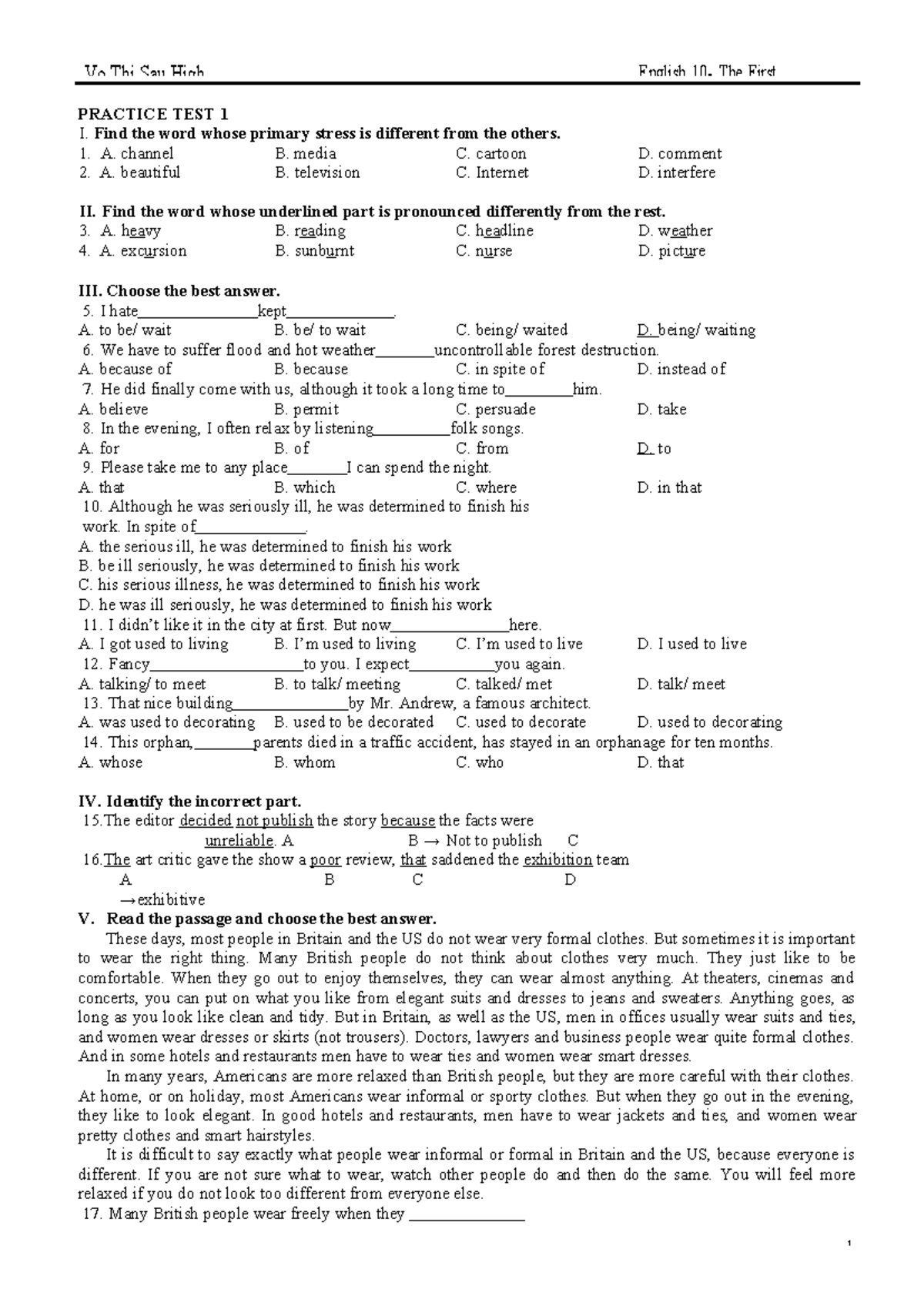 Vo Thi Sau High English 10 Revision for 1st Semester Exam - Studocu
