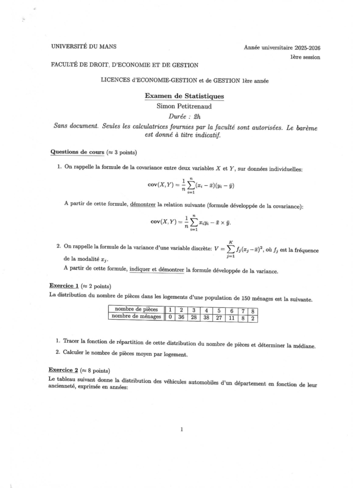 Examen de Statistiques CT - Descriptives et Covariance 1ère année - Studocu