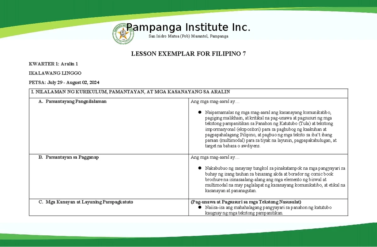 FIL 7 LE - W1: Lesson Exemplar on Katutubong Panitikan - Studocu