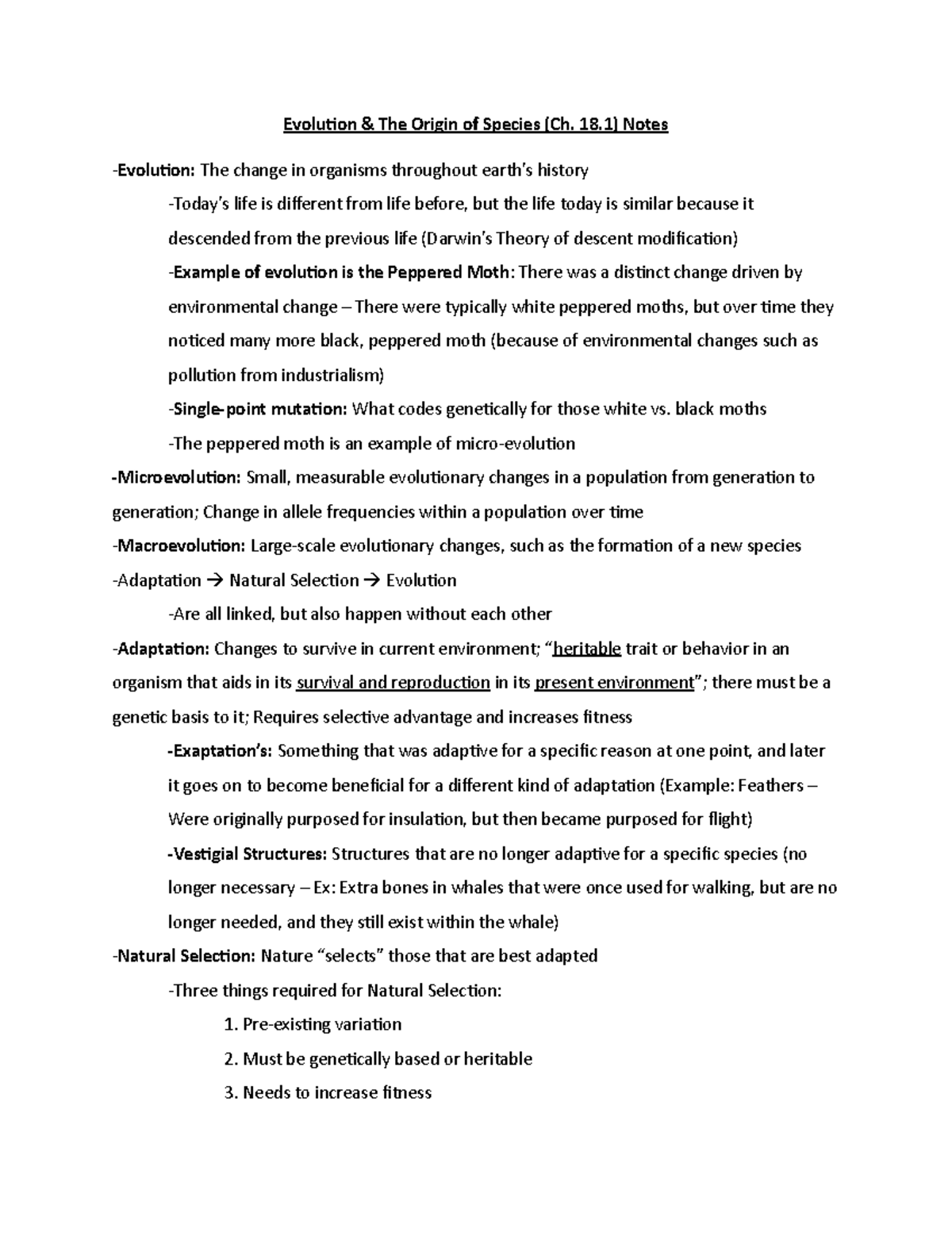 Evolution & The Origin of Species Notes - Evolution & The Origin of ...