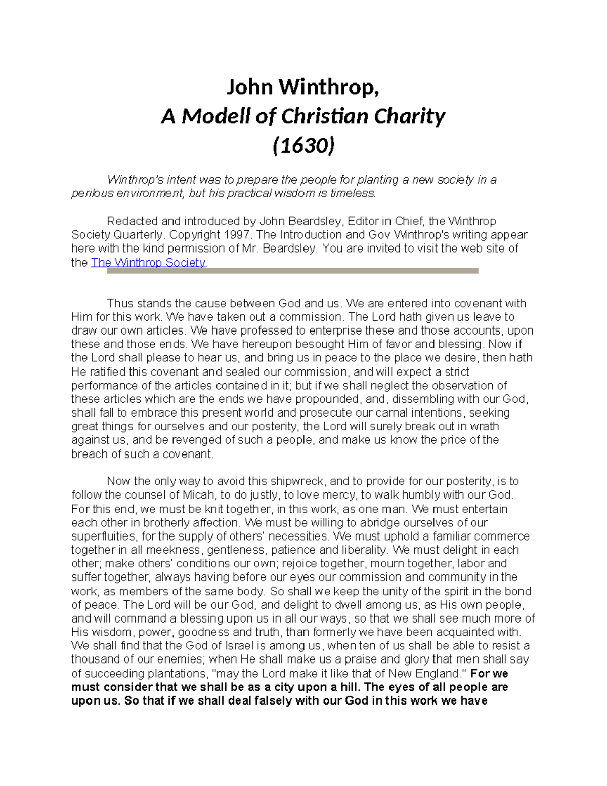 John Winthrop's A Modell of Christian Charity (1630) - A Timeless ...