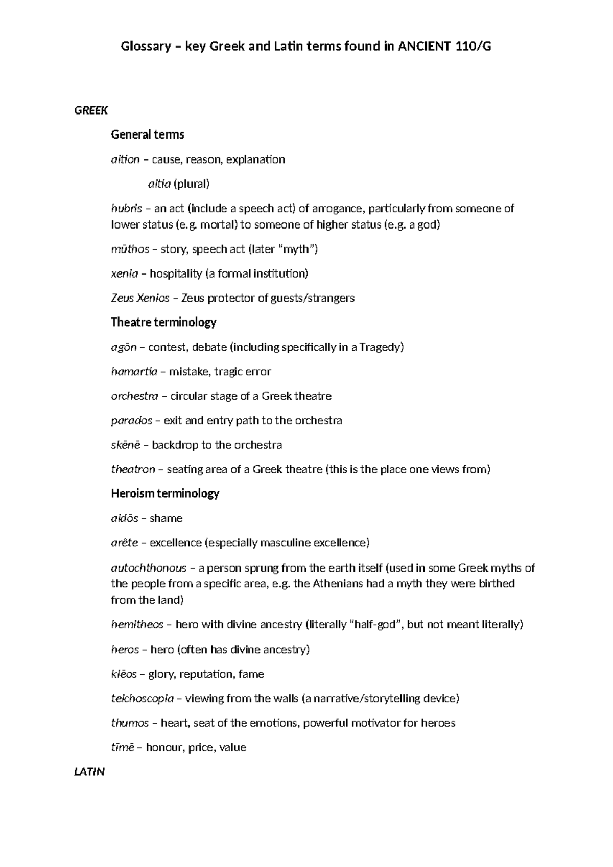 Glossary of Key Greek & Latin Terms for ANCIENT 110/G - Studocu