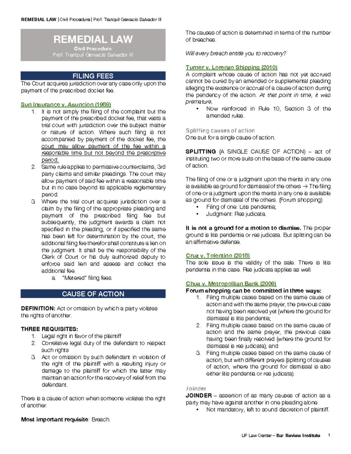 REMEDIAL LAW Civil Procedure Notes - Prof. Tranquil Gervacio Salvador ...