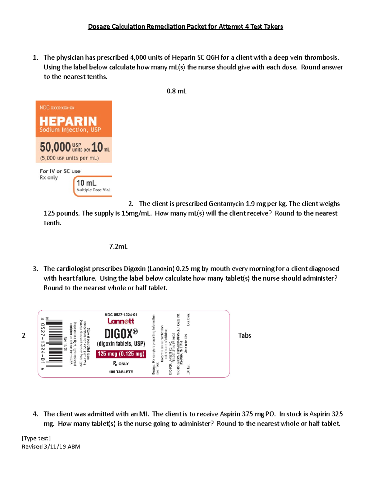 Dosage Calculation Remediation Packet - Attempt 4 Key - Studocu