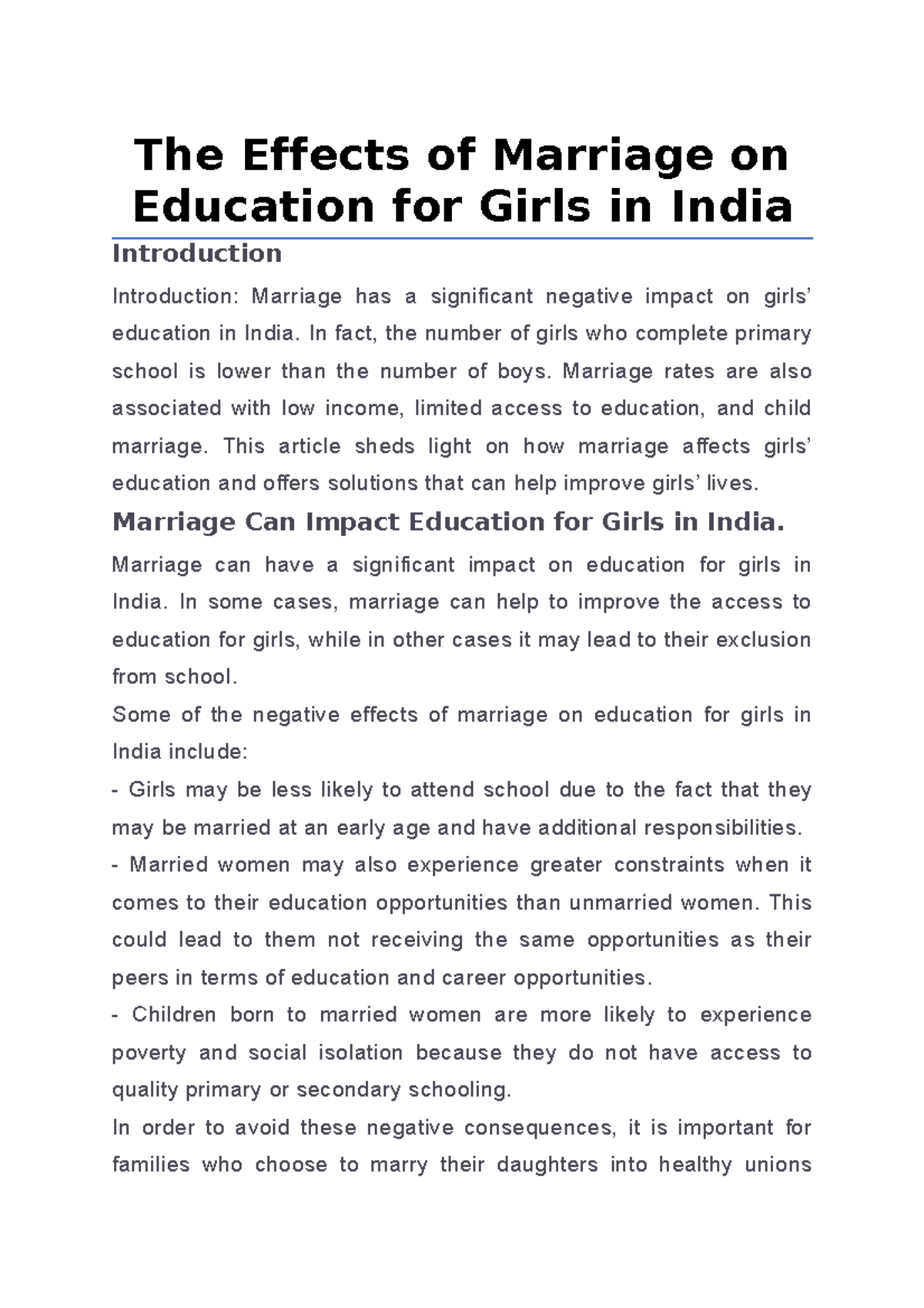The Effects of Marriage on Education for Girls in India - The Effects ...