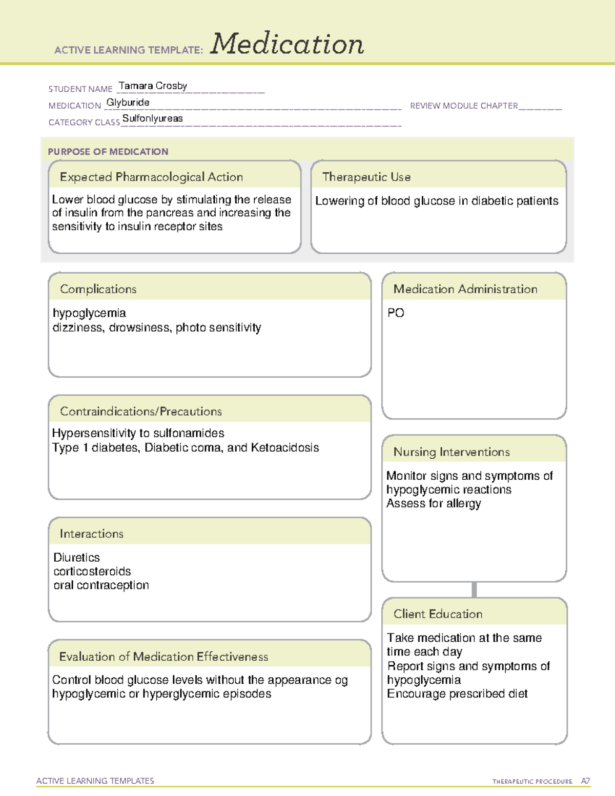 Pharm ALT 2 - Active Learning Template for Medication Glyburide - Studocu