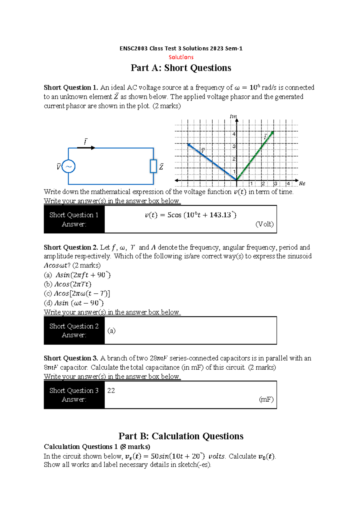 ENSC2003 Class Test 3 Solutions: Short & Calculation Questions - Studocu