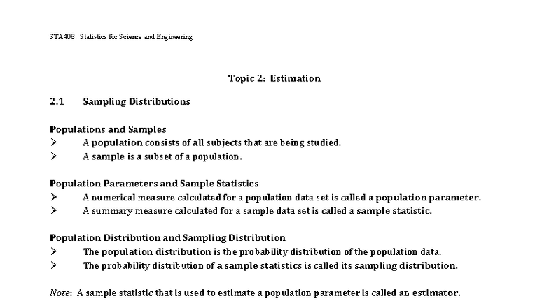STA408: Statistics for Science and Engineering - Topic 2 Estimation ...