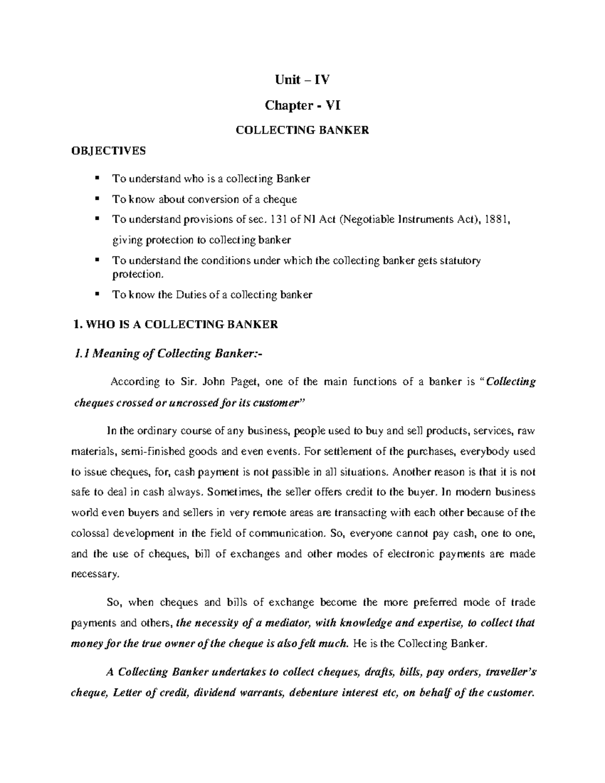 Collecting Banker: Key Concepts and Duties (Unit IV, Chapter VI) - Studocu