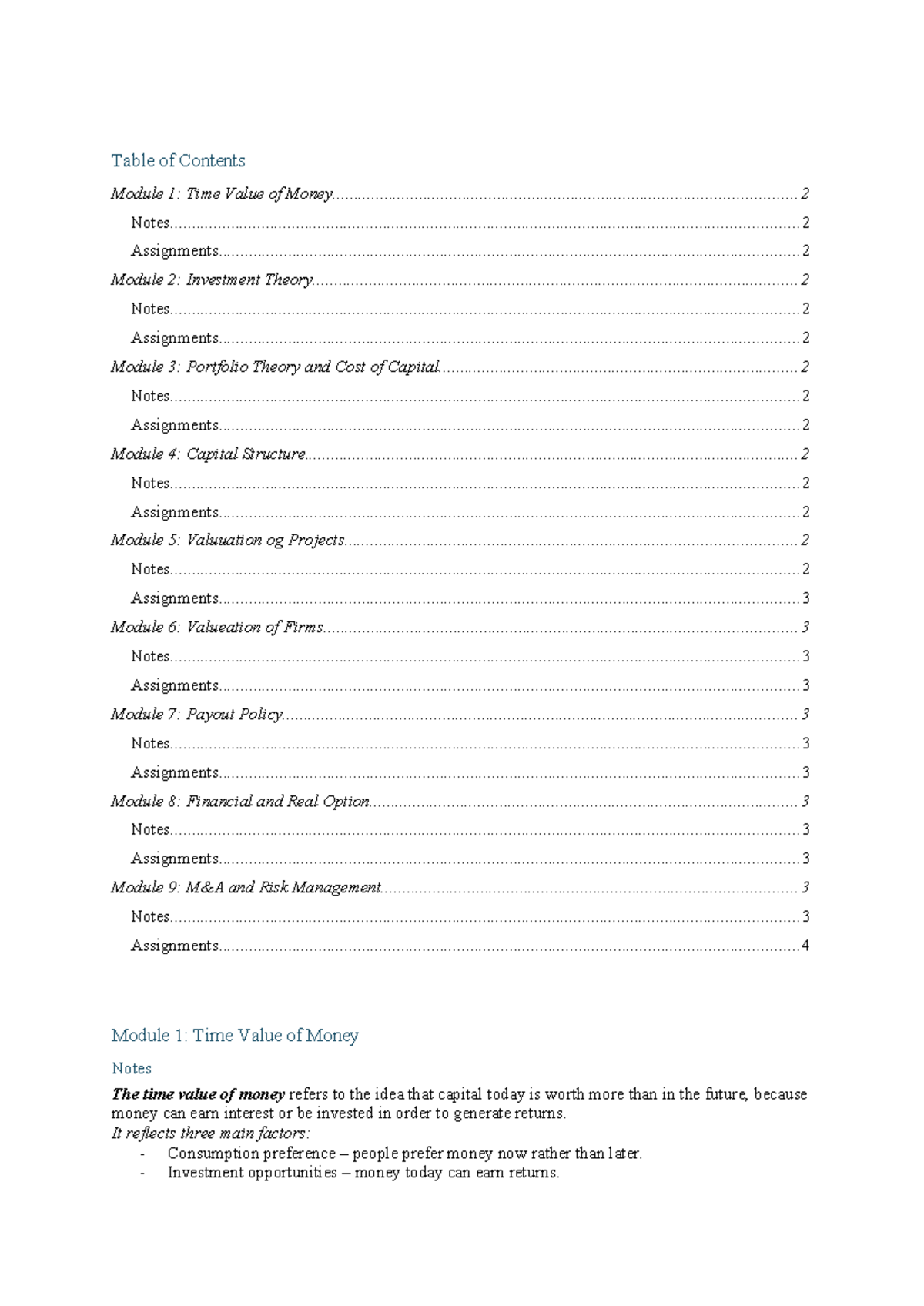 Table of Contents for Finance Module: Time Value of Money and ...
