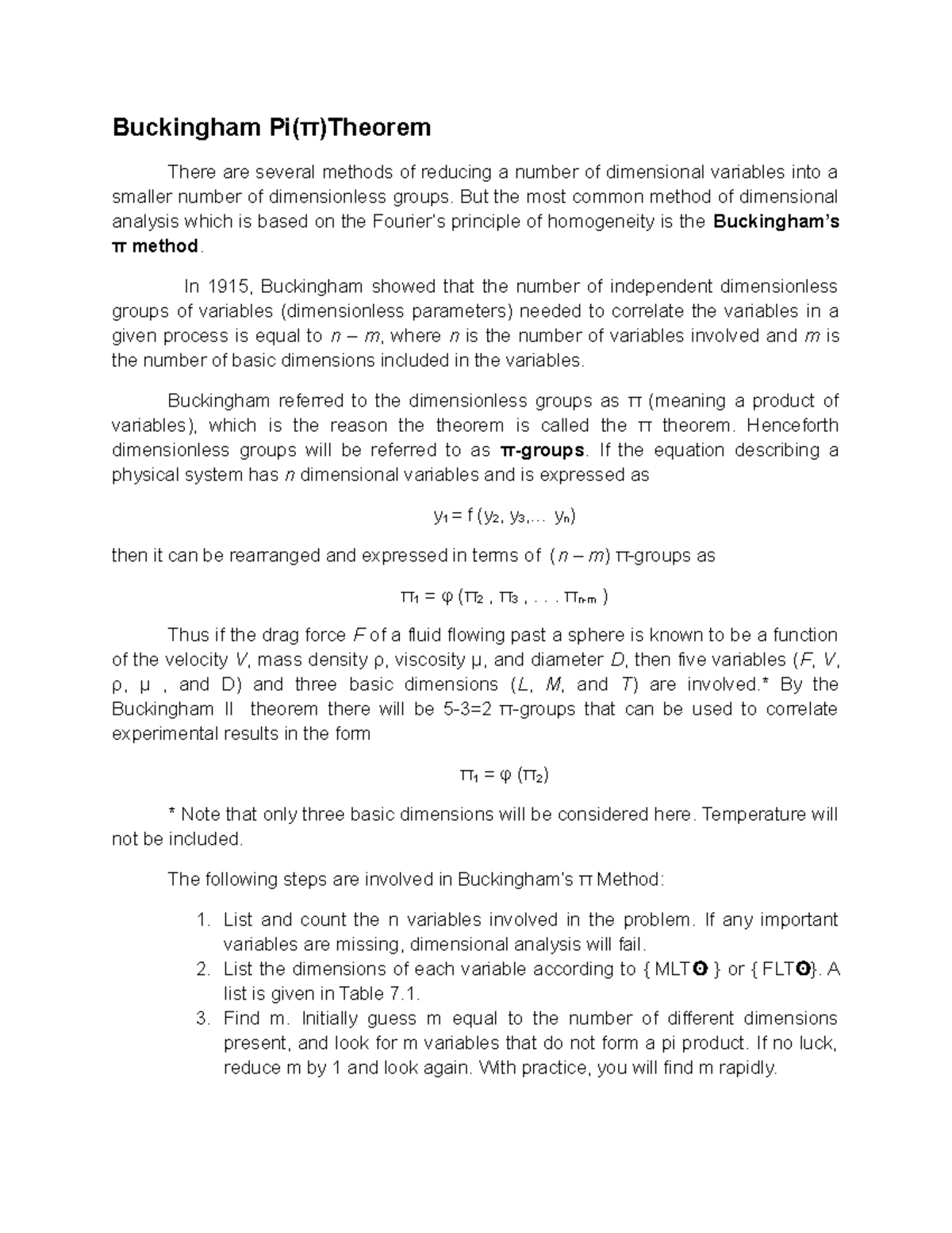 Buckingham Pi Theorem - Lecture Notes 2 (Dimensional Analysis) - Studocu