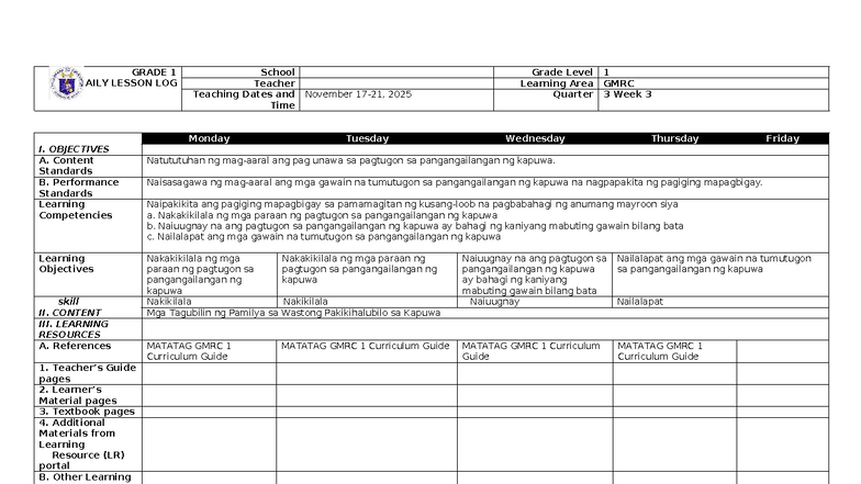 GMRC Q3 W3 2025-2026 Lesson Log: Good Manners & Right Conduct - Studocu
