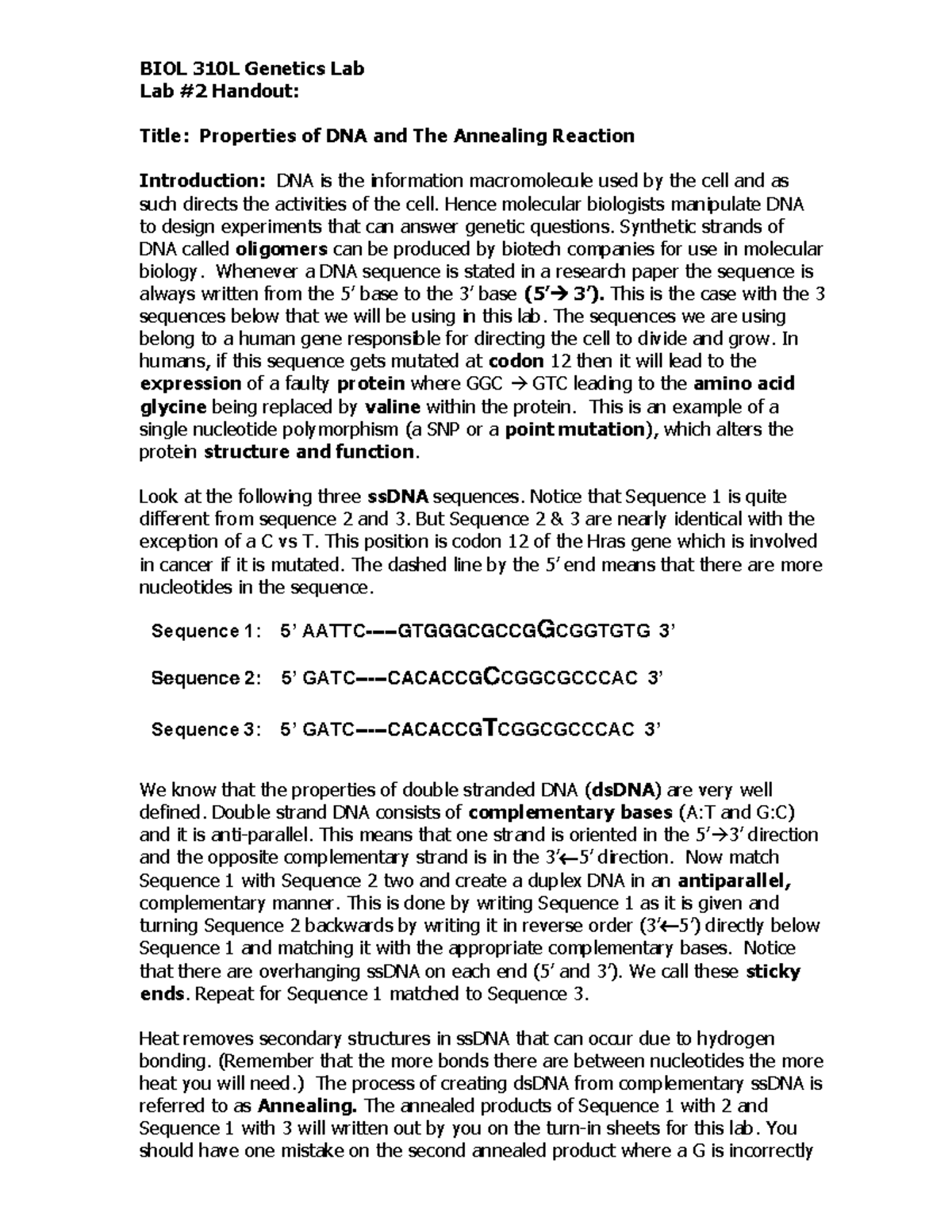 BIOL 310L Genetics Lab #2: Properties of DNA & Annealing Reaction - Studocu