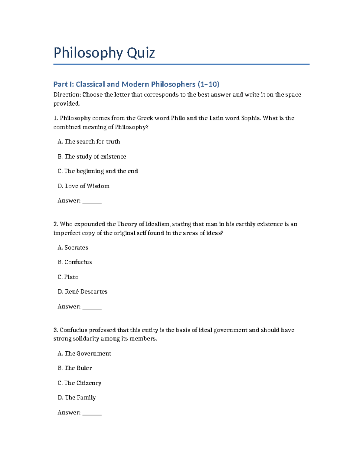 Philosophy Quiz (PHIL101): Classical & Modern Thinkers Insights - Studocu