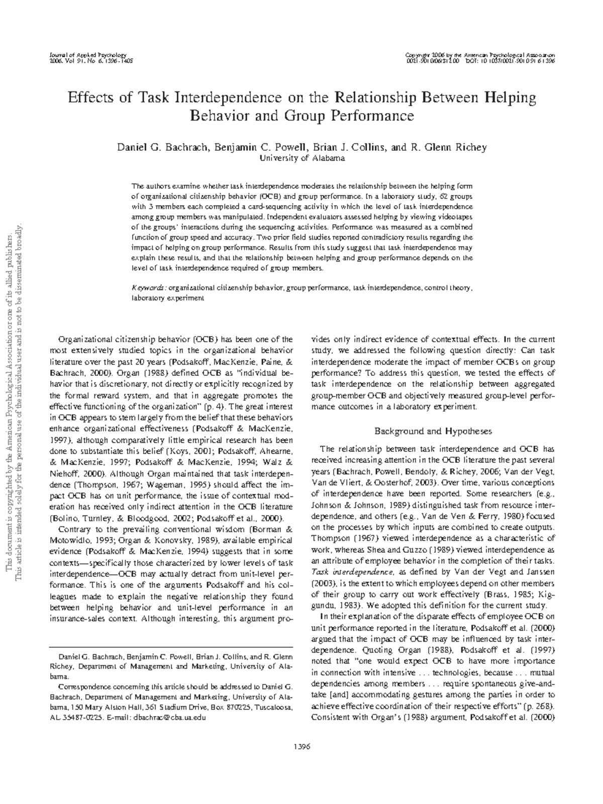 Effects of Task Interdependence on Helping Behavior & Group Performance ...