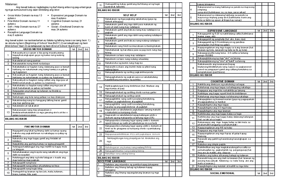 ECCD-Filipino: Early Childhood Development Checklist and Scoring Guide - Studocu