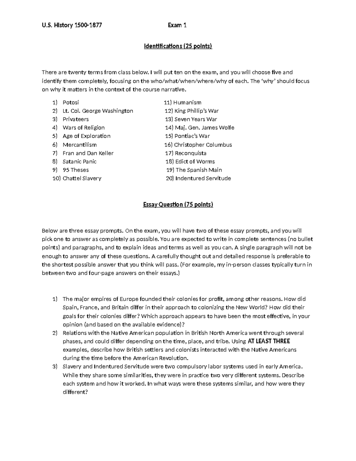 U.S. History 1500-1877 Exam 1 Study Guide & Essay Prompts - Studocu
